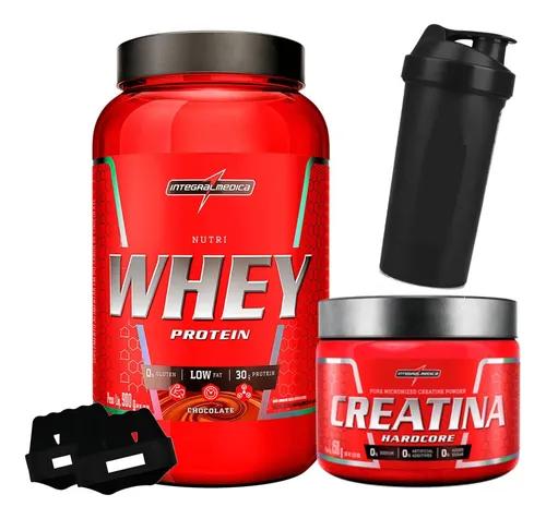 Combo Nutri Whey Protein Creatina Shaker Luva Integral Medic Frete Grátis