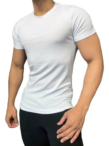 Camiseta Canelada Masculina Branca Lisa Manga Curta Slim Fit Camiseta Canelada Masculina Branca Lisa Manga Curta Slim Fit