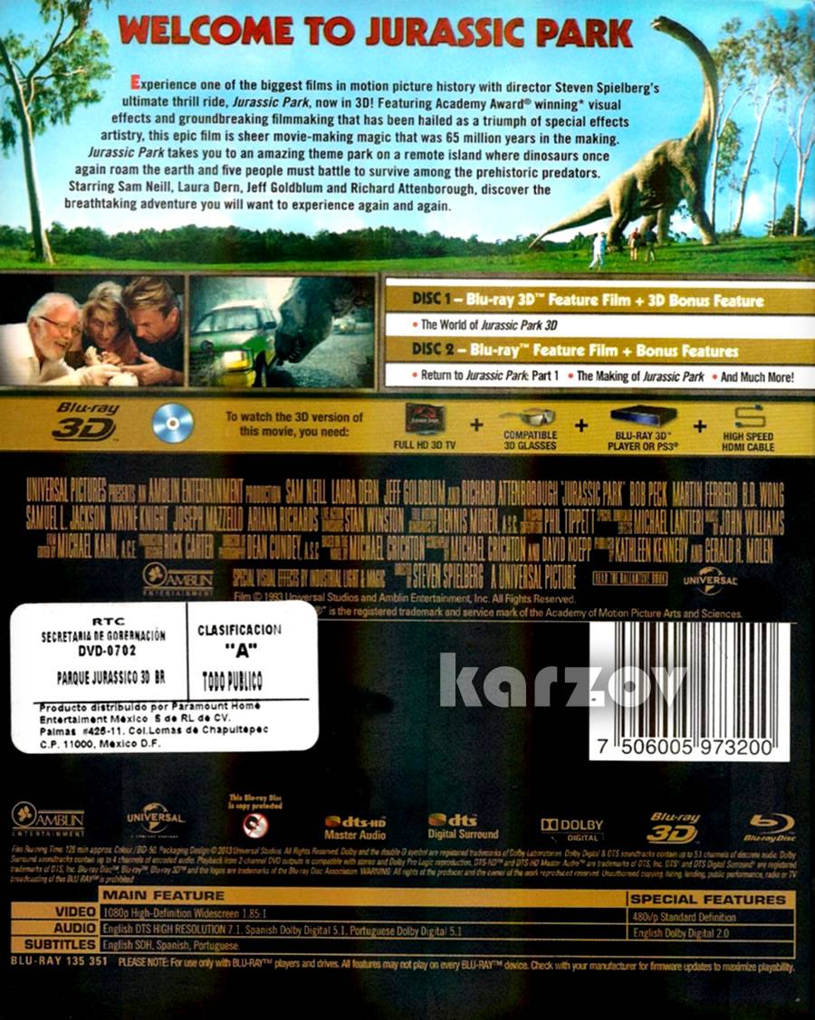 Jurassic Park Parque Jurasico 1993 Blu Ray 3d Blu Ray 489 00 En