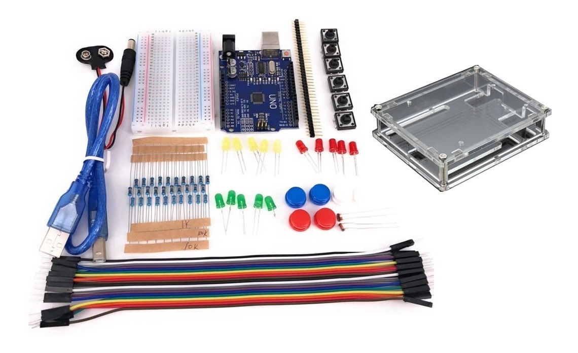 Kit Basico Arduino R3 Uno Caja Acrilico Proto 400 Pts Leds 420 00