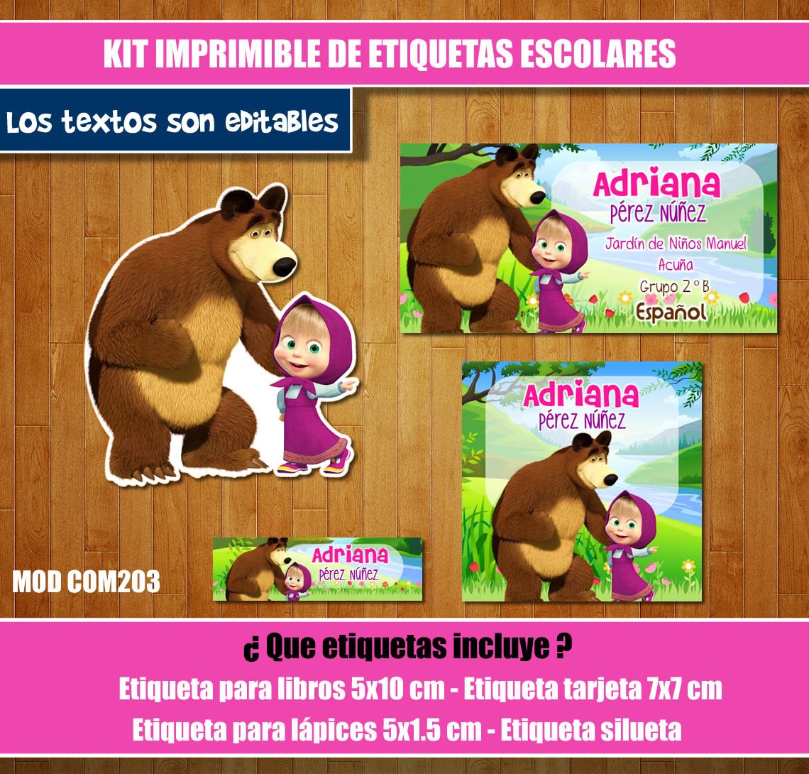Kit Imprimible Etiquetas Escolares Masha Y El Oso Mod1 Calco 18 00