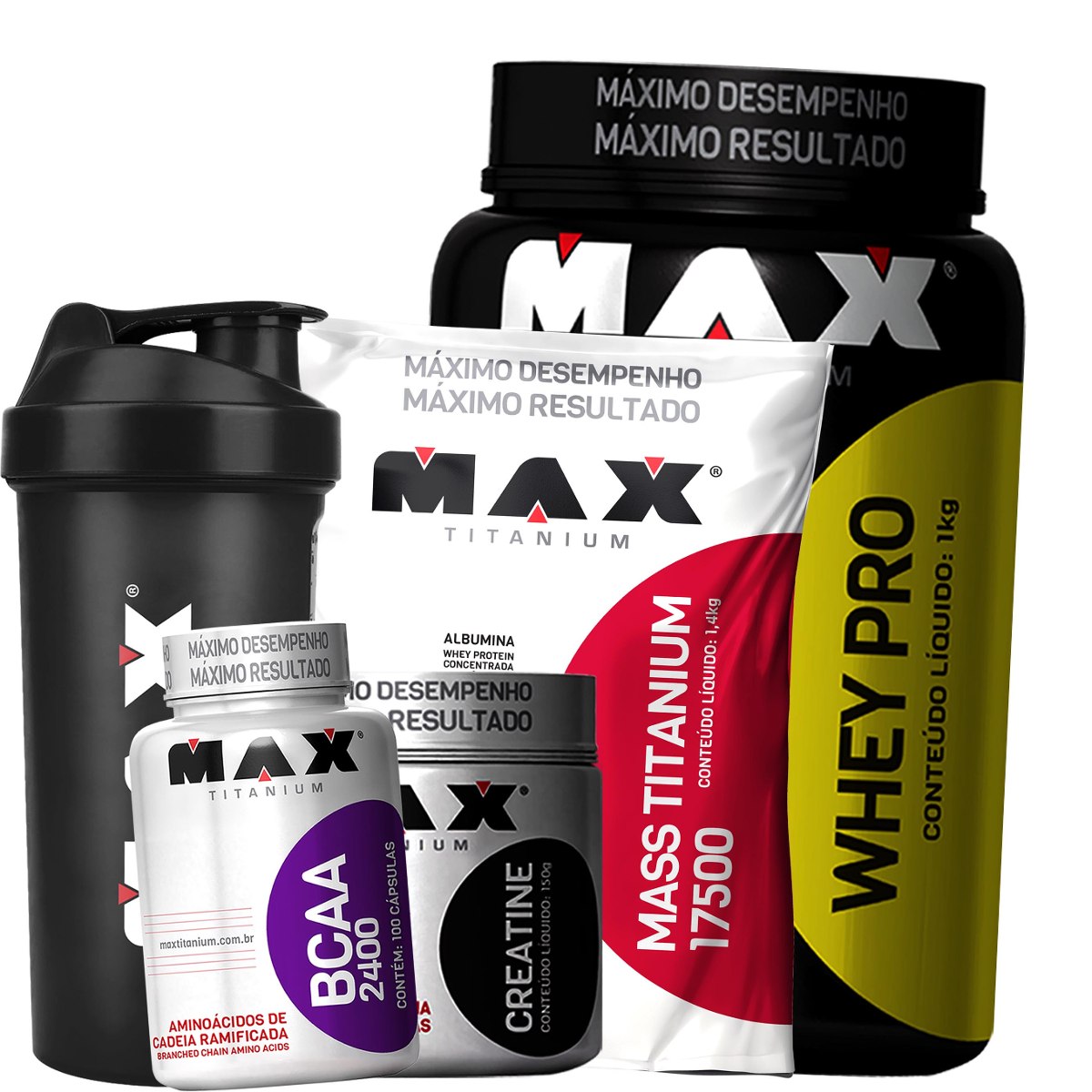 Kit Whey Pro Bcaa Creatina Hipercalorico Max Titanium R 130 00