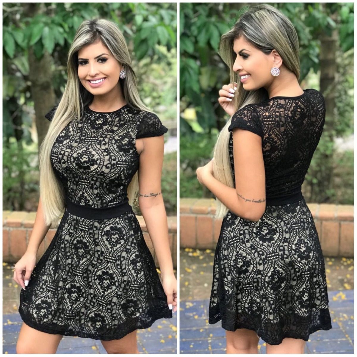 Vestido De Renda Curto S Manga Preto Lindo Fundo Nude R 105 00 Em