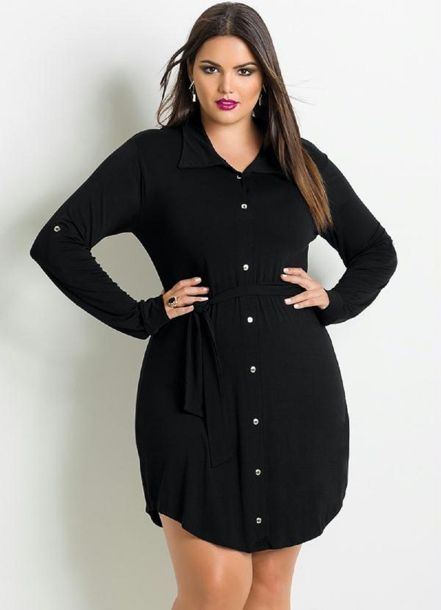 Vestido Plus Size Estilo Camisa Preto 4648 50 52 54 56 58 60 R 138